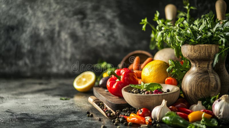 Rustic Vegetables and Herbs on Wooden Table with Dark Background Stock ...