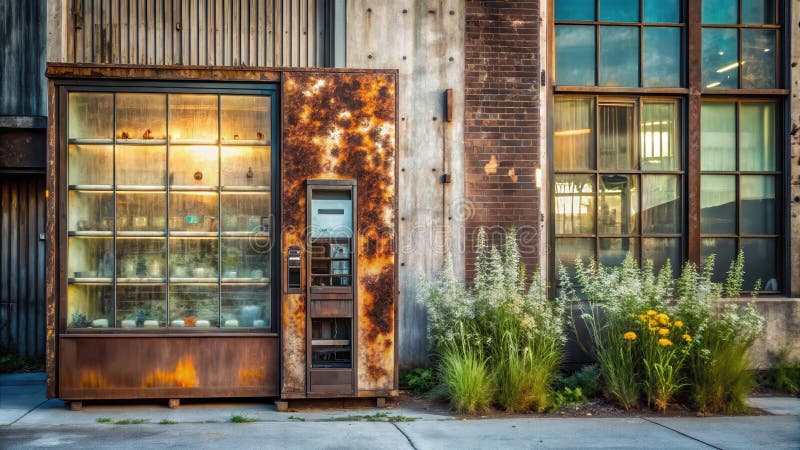 Rustic Vending Machine with Illuminated Interior Against a Weathered ...