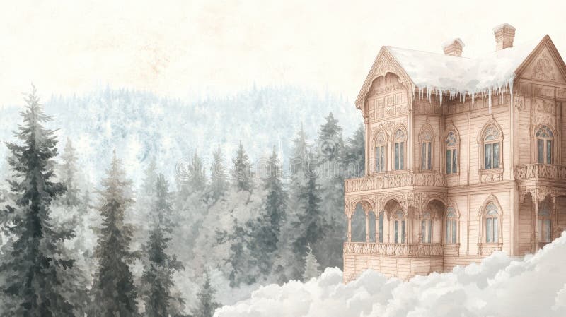 Rustic Victorian House in Snowy Forest Landscape Surrounded by Frosty ...