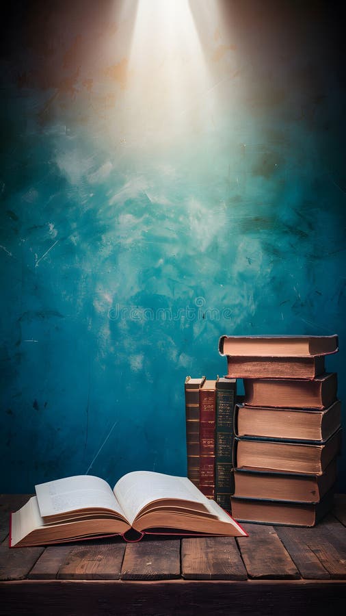 Rustic Vignette with Books on Wooden Table Against Blue Backdrop Exudes ...
