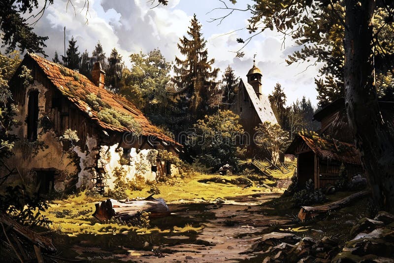 Rustic Village with Crumbling Structures Surrounded by Lush Trees in a ...