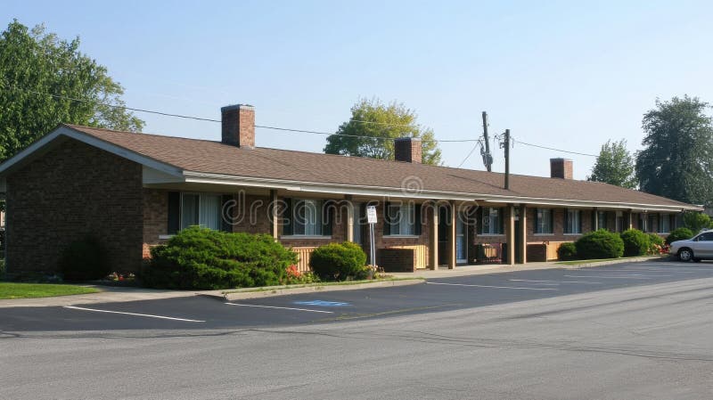 Rustic Village Inn Exterior with Brick Architecture and Greenery Stock ...