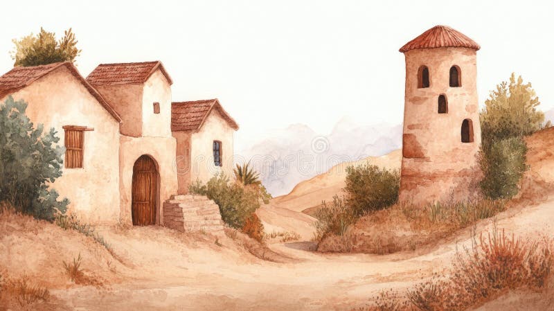 Rustic Village Landscape with Tower and Homes in Desert Setting Stock ...