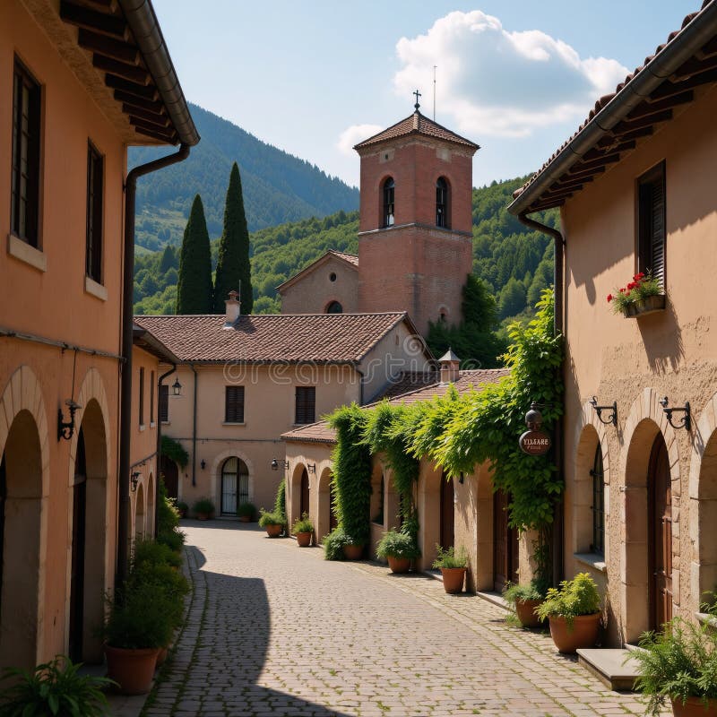 Rustic Village with Terracotta Roofs Lush Green Scenery and Medieval ...