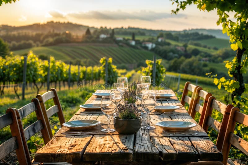 Rustic Vineyard Dinner Setting at Sunset Stock Illustration ...