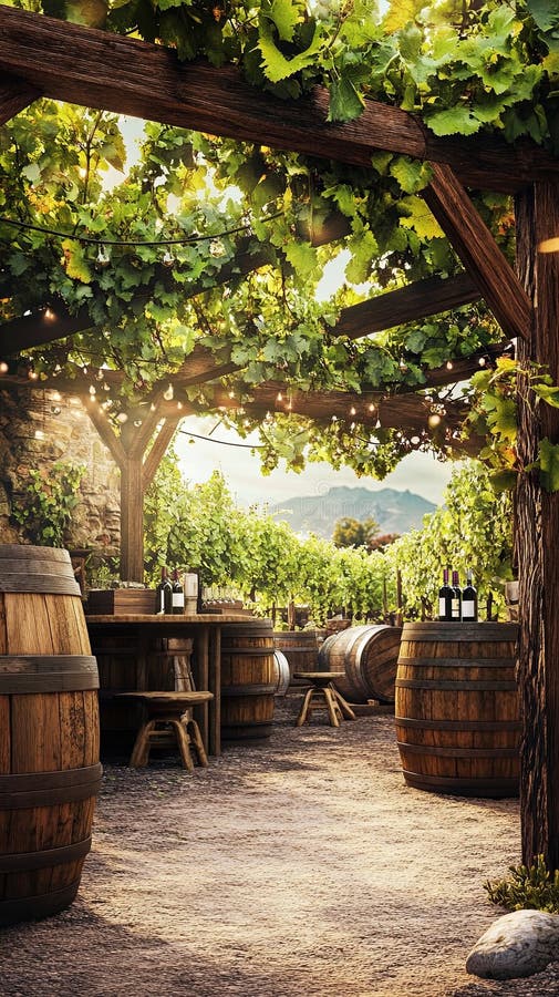 A Rustic Vineyard with Grapevines, Wooden Barrels, and a Tasting Area ...
