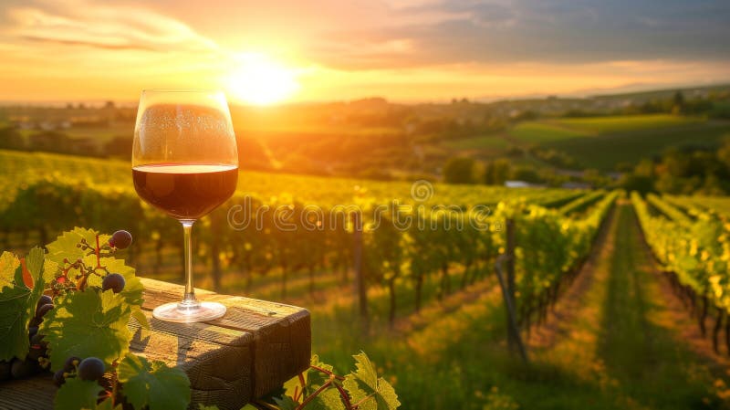 A Rustic Vineyard Landscape at Sunset, with Rows of Grapevines and a ...