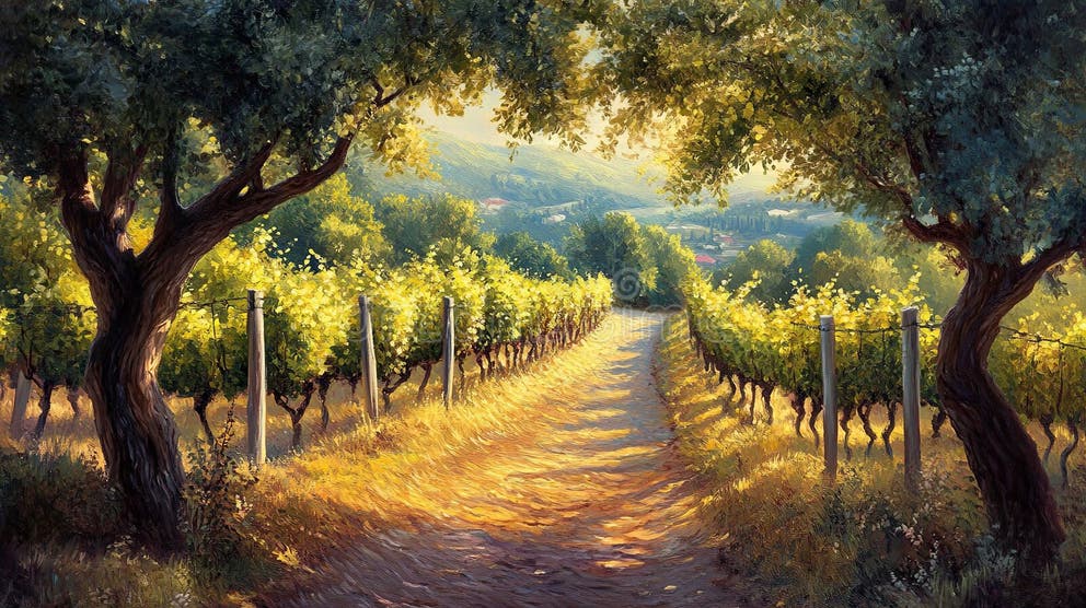 Rustic Vineyard Path Under Olive Trees. Stock Image - Image of hills ...