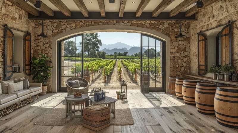 Rustic Vineyard Tasting Room with Oak Barrels Stone Walls Stock Image ...
