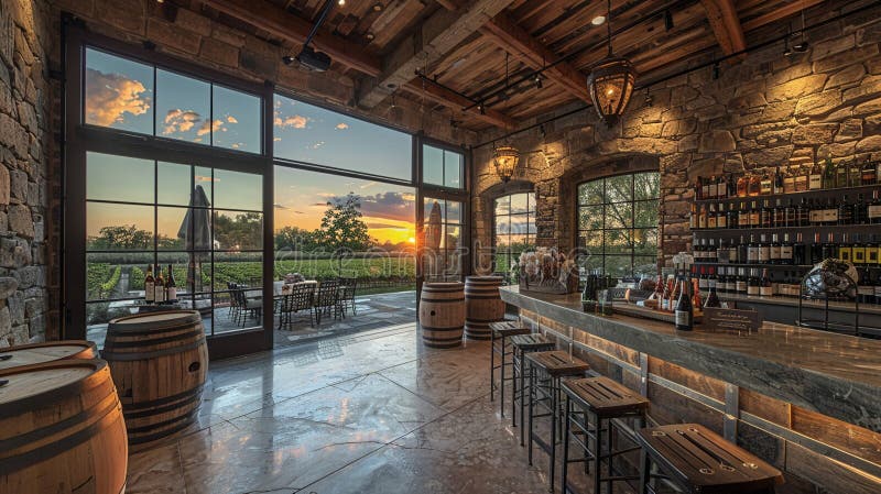 Rustic Vineyard Tasting Room with Oak Barrels Stone Walls Stock Photo ...