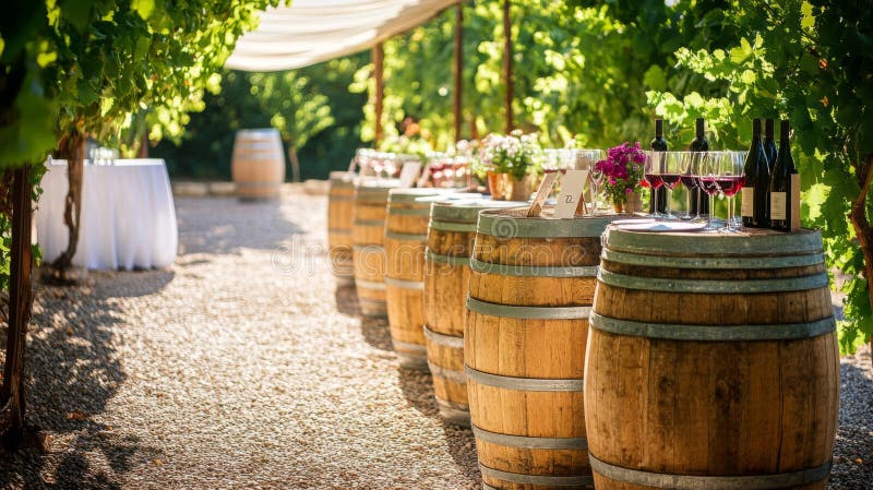 Rustic Vineyard Wedding Reception with Wine Barrels Stock Illustration ...