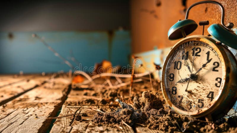 Rustic Vintage Alarm Clock in Abandoned Room with Sunlight and Cobwebs ...