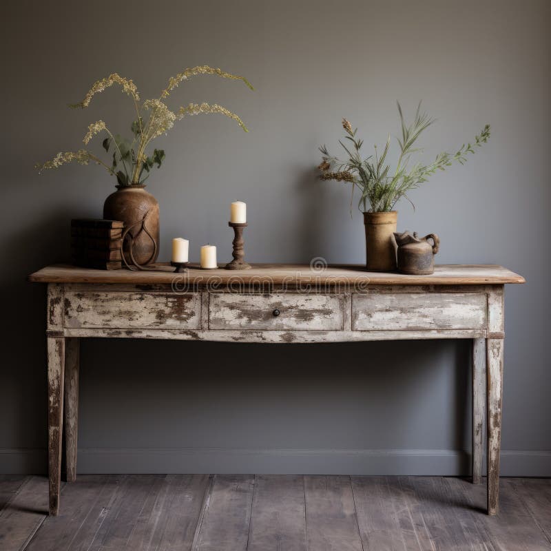 Rustic Vintage Console Table with Chippy Finish and 2 Drawers Stock ...