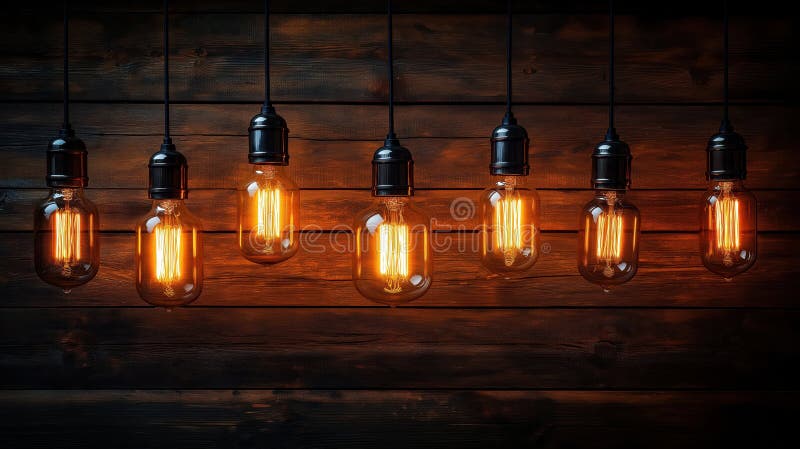 Rustic Vintage Edison Bulbs Illuminating a Wooden Wall in Warm Light ...