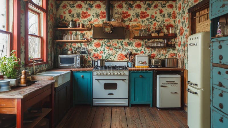Rustic Vintage Kitchen with Floral Wallpaper Stock Illustration ...