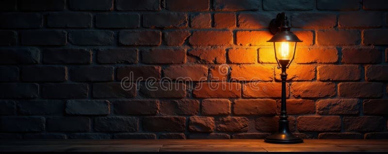 Rustic Vintage Lamp Casts Warm Glow on Aged Brick Wall at Twilight ...