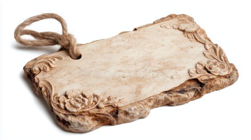 Rustic Vintage Stone Tag with Decorative Floral Carvings and Twine ...