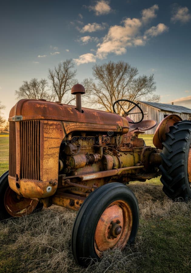 Rustic Vintage Tractor in Rural Field at Sunset with Barn and Bare ...