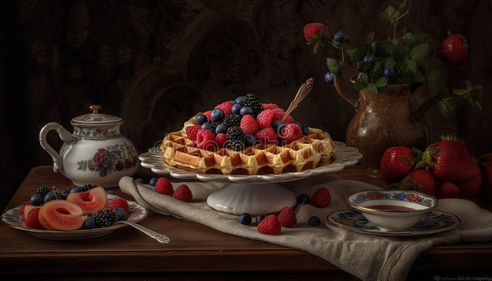 A Rustic Waffle Stack with Fresh Berries Generated by AI Stock Photo ...