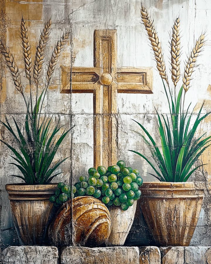 Rustic Wall Decor Featuring Wheat, Bread, Grapes, and a Beautiful Cross ...