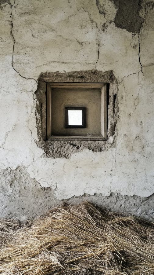 Rustic Wall with Square Window and Straw Pile in Vintage Setting Stock ...
