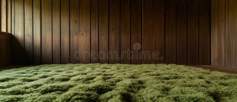 A Rustic Wall and Wooden Floor with a Green Rug Create an Empty Space ...