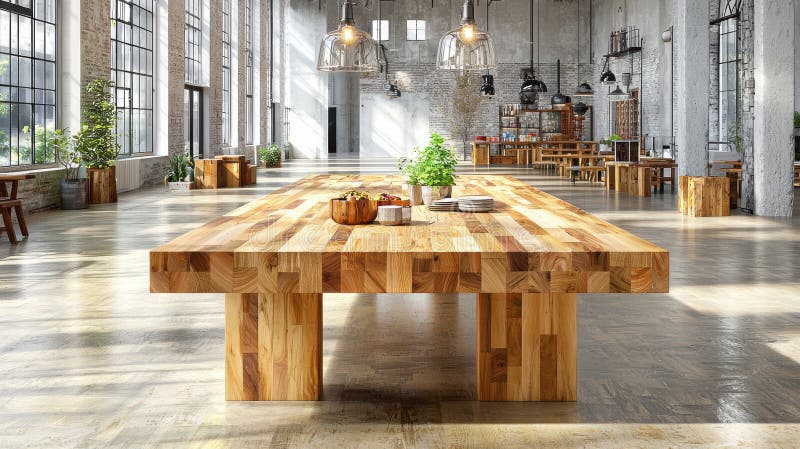 Rustic Walnut Dining Table in Spacious Interior Stock Illustration ...