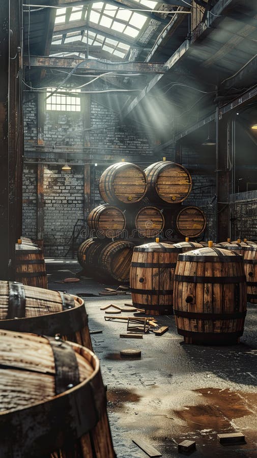 Stacked Wooden Barrels in Traditional Warehouse for Aging Whiskey and ...