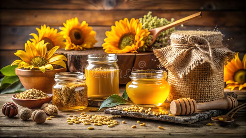 Rustic and Warm Honey Display with Sunflowers and Natural Ingredients ...