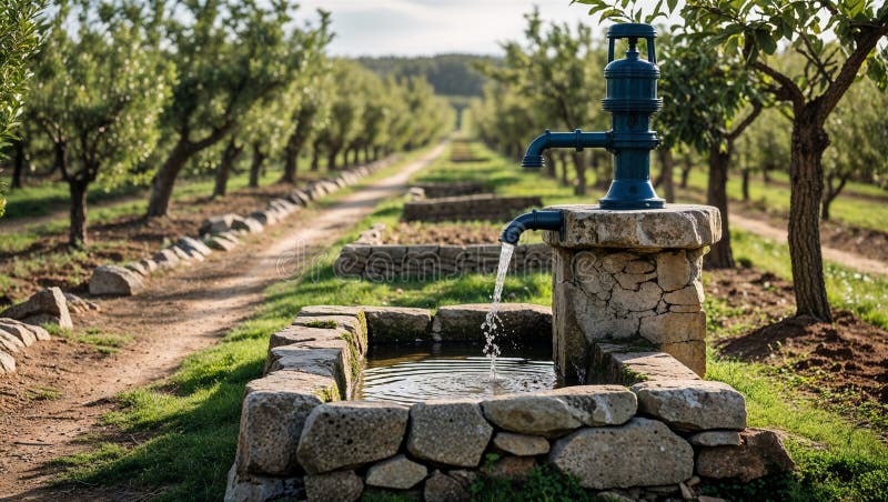 Village Water Pump beside Stone Trough and Path Leading into Orchard ...