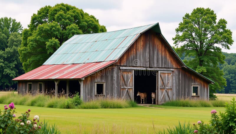 Rustic Watercolor Image Featuring a Charming Barn on a Picturesque Farm ...