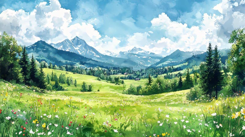 A Rustic Watercolor Painting Capturing the Essence of a Panoramic ...