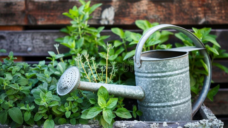 Rustic Watering Can Amidst Lush Garden Herbs Stock Photo - Image of ...