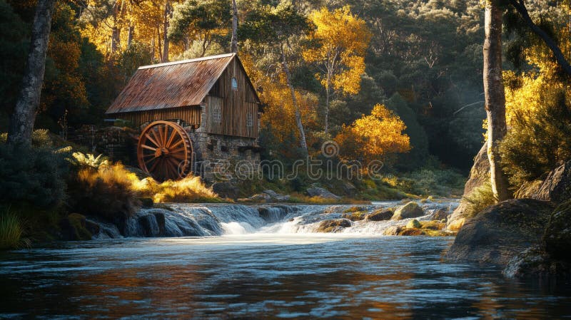 Rustic Watermill in Autumn Forest by River Stock Illustration ...