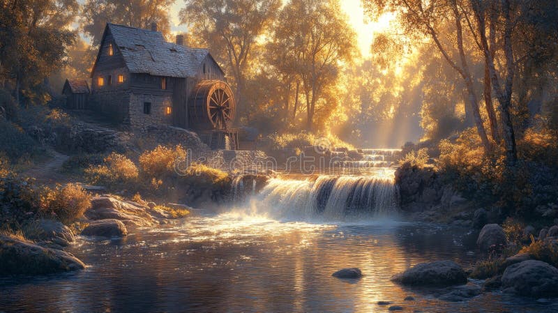 Rustic Watermill in Autumn Forest at Sunset Stock Illustration ...