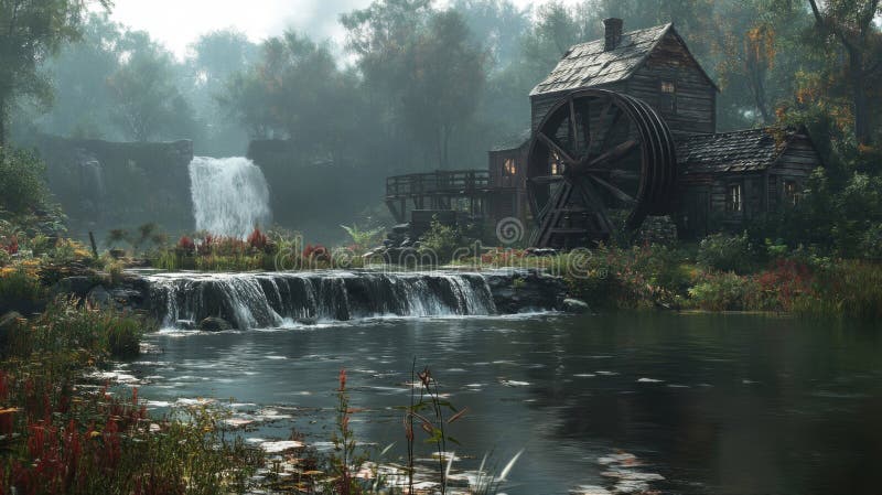 Rustic Watermill by Waterfall in Misty Forest Stock Illustration ...