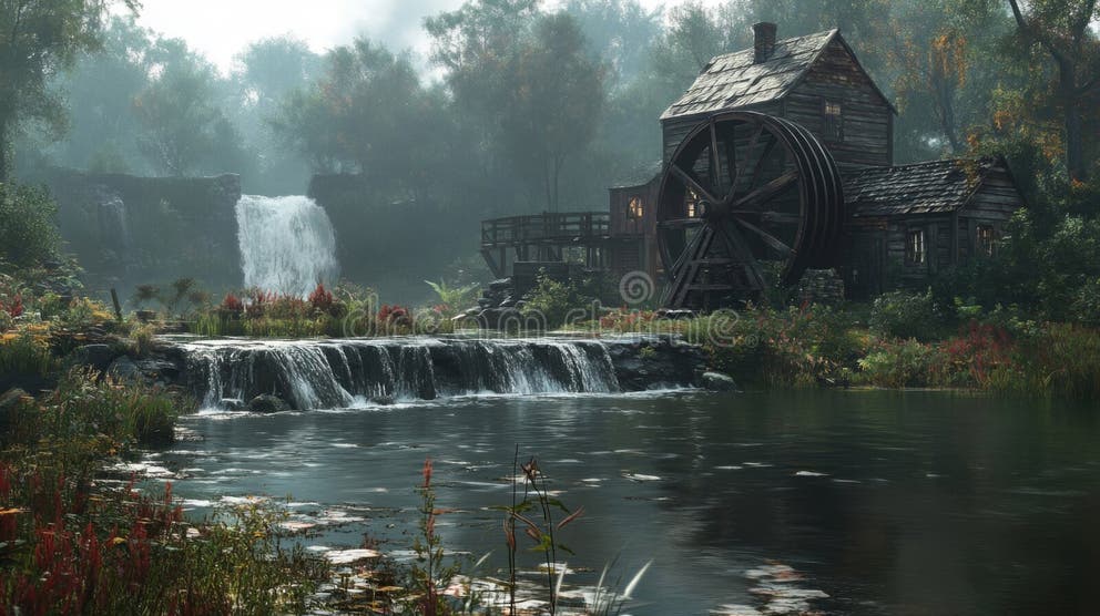 Rustic Watermill by Waterfall in Misty Forest Stock Illustration ...