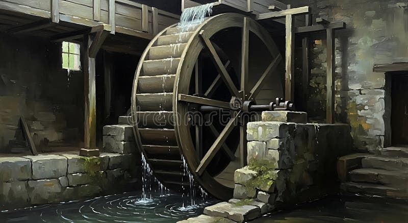 A Rustic Watermill Wheel is Depicted, Set within a Stone Structure. the ...
