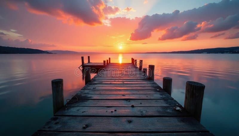 Rustic Weathered Dock at Sunset, Tranquil Waters , Golden Hour ...