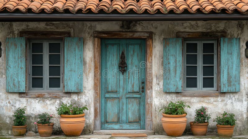 Rustic Weathered House with Teal Door and Shutters Stock Image - Image ...