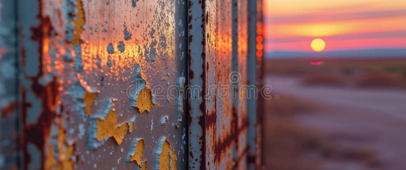 Rustic Weathered Metal Wall with Sunset View Stock Photo - Image of ...