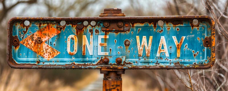 Rustic and Weathered One Way Sign with a Directional Arrow, on a Rusty ...