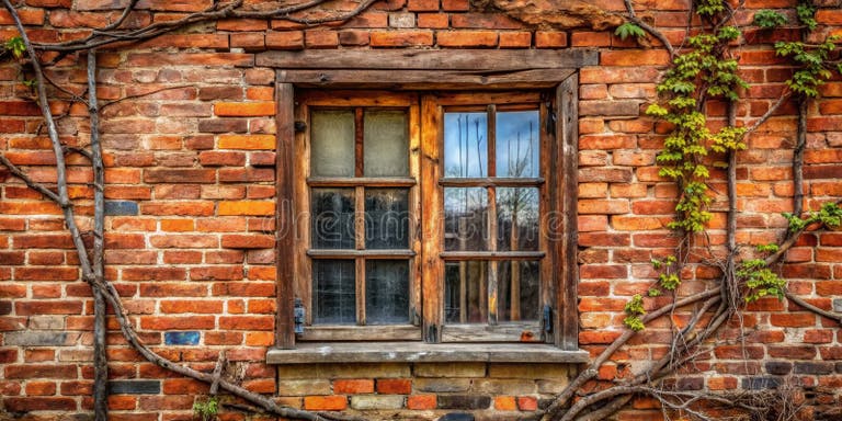 Rustic Weathered Window in Aged Brick Wall with Climbing Vines ...