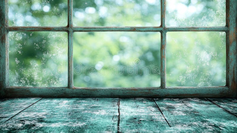 Rustic Weathered Window Frame Overlooking Lush Greenery with Natural ...