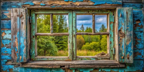 Rustic Weathered Window Frame with Peeling Paint Reveals a Tranquil ...