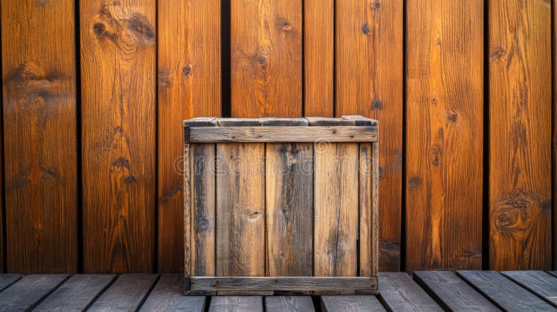 Rustic Weathered Wooden Box Against Aged Wooden Wall Stock Illustration ...