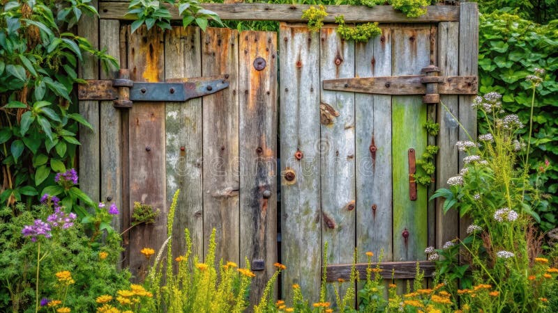 Rustic Weathered Wooden Gate Flanked by Vibrant Summer Flowers ...