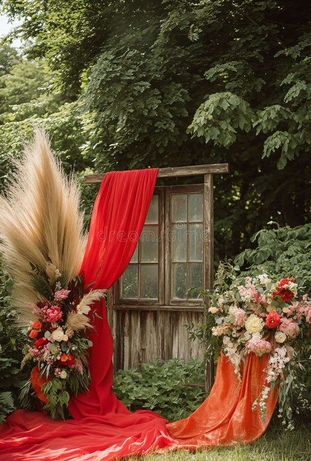 Rustic Wedding Arch Decor with Red Fabric and Pampas Grass Stock ...