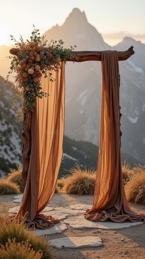 Rustic Wedding Arch with Floral Arrangement at Mountain Sunset Stock ...