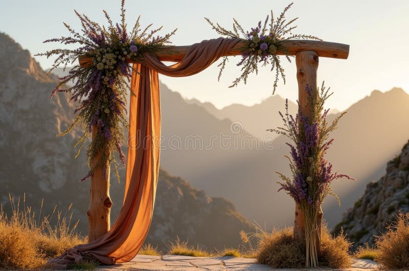 Rustic Wedding Arch in Mountain Sunset with Floral Decorations Stock ...